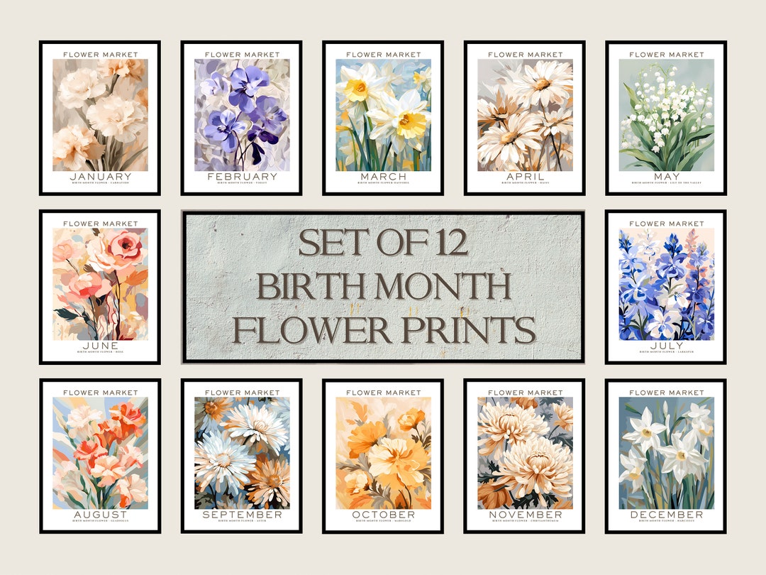 Birth Month Flower Bundle Set of 12, Neutral Floral Wall Art, Birth ...