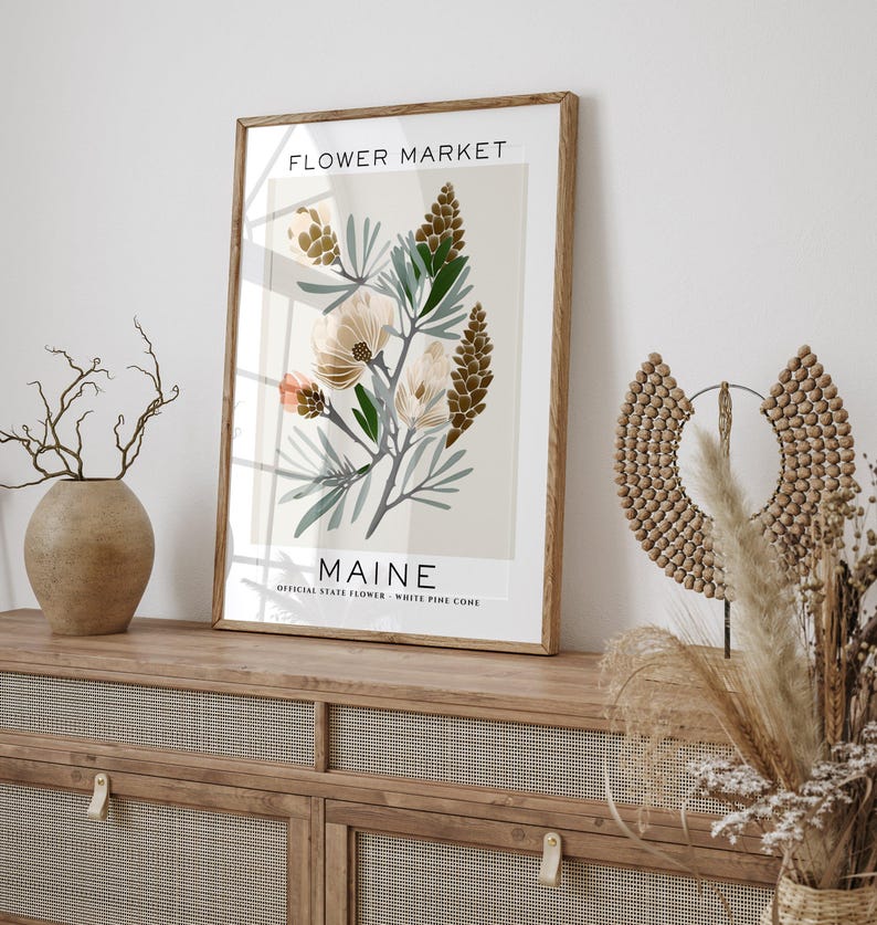 Maine State Flower Print, Maine Flower Market Print, Pine Cone Art ...