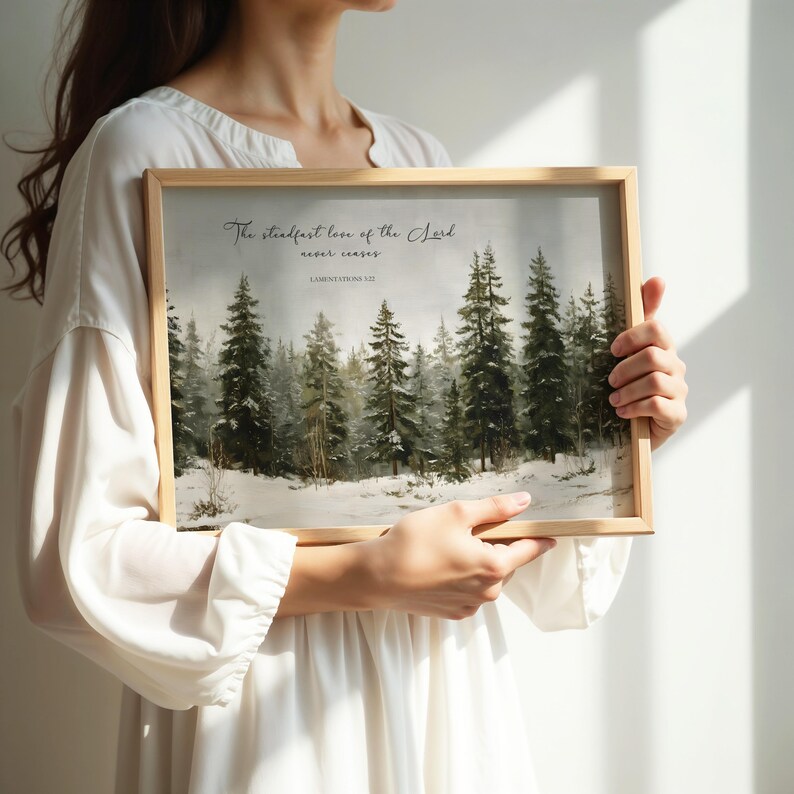 Winter Forest Bible Verse Wall Art Lamentations 3:22 Print Neutral ...