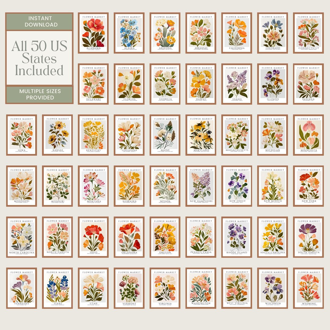State Flower Print Bundle, Wall Art Print 50 US States, Flower Market ...