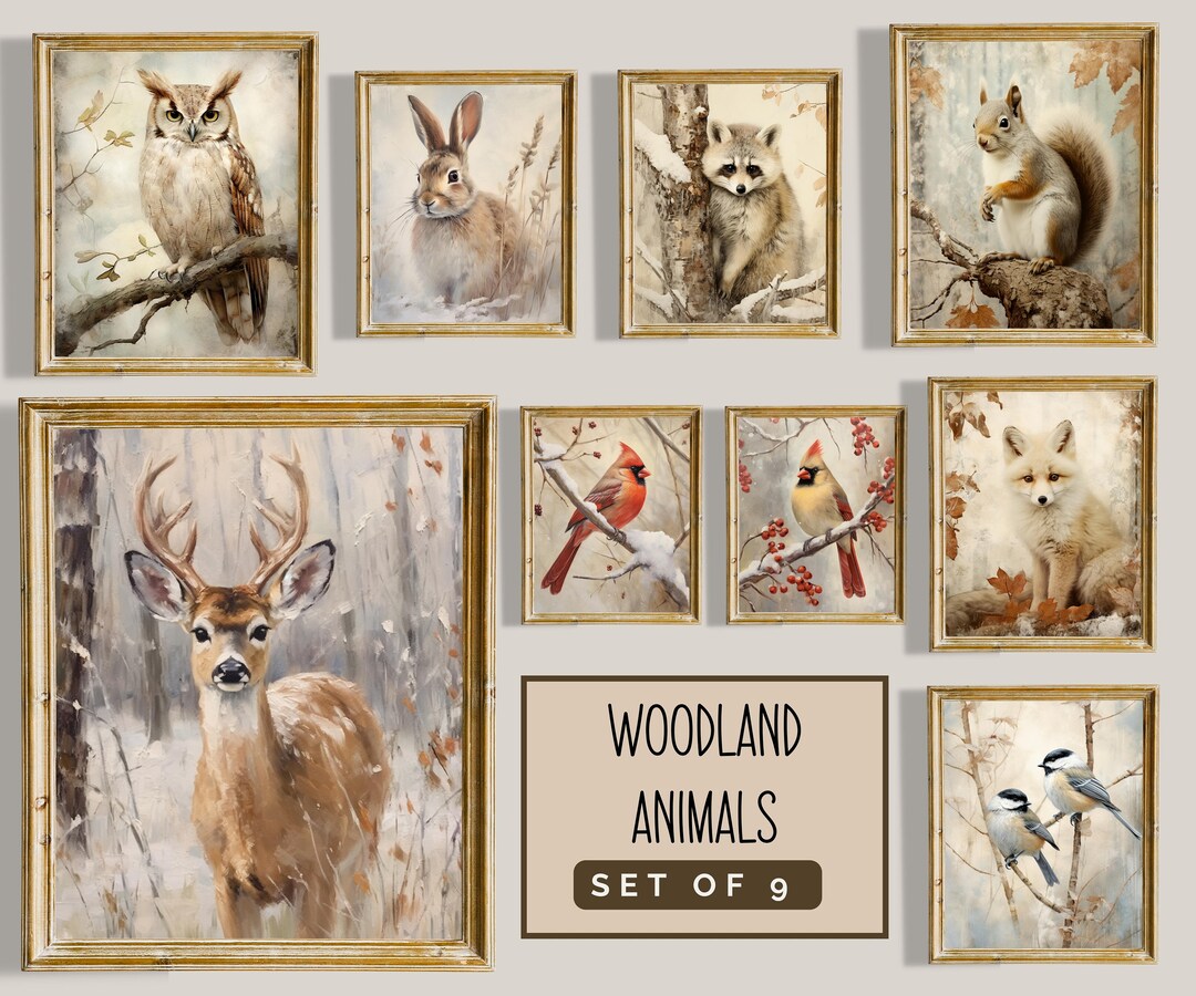 Winter Woodland Animals Wall Art, Set of 9 Prints, Vintage Winter ...