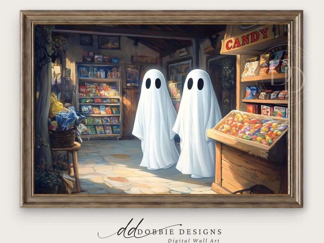Ghosts in Vintage Candy Shop Cute Ghost Poster Whimsical Halloween ...
