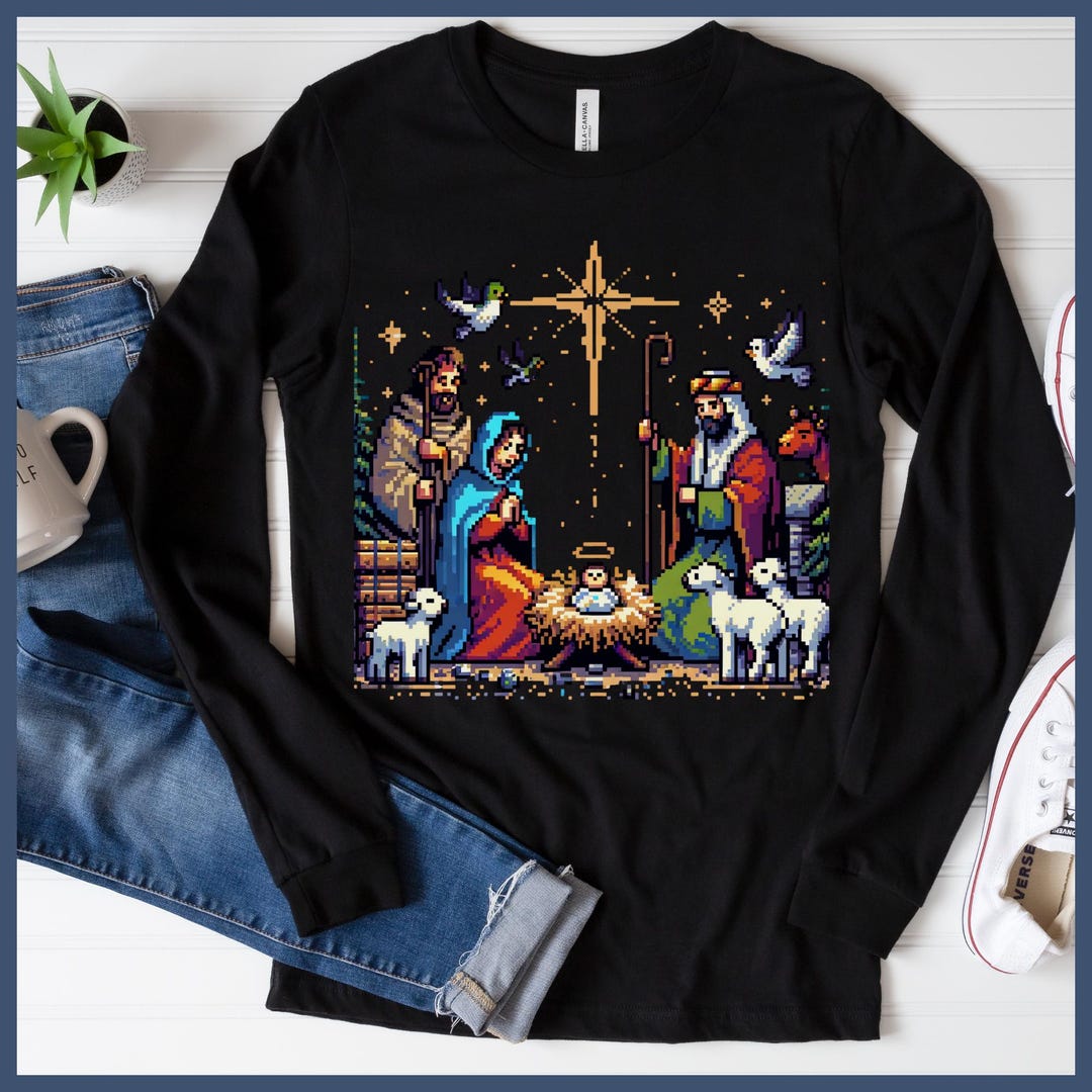Nativity Scene Pixel Art Unisex Jersey Long Sleeve Shirt, Religious ...