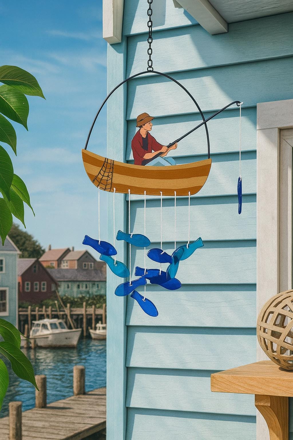 Fisherman Wind Chime With Glass Fish, Nautical Outdoor Wall Decor ...