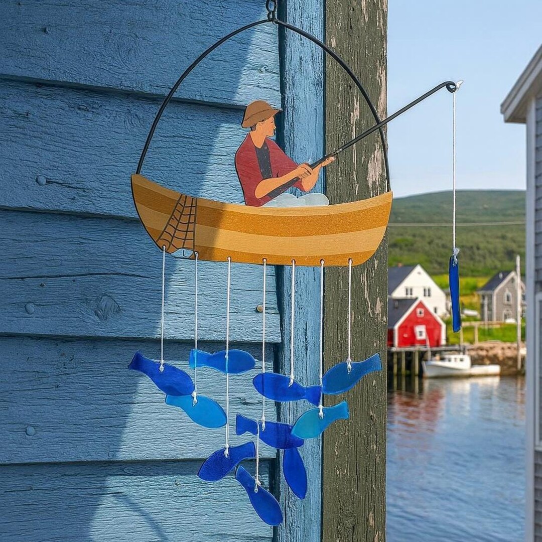 Fisherman Wind Chime With Glass Fish, Nautical Outdoor Wall Decor ...