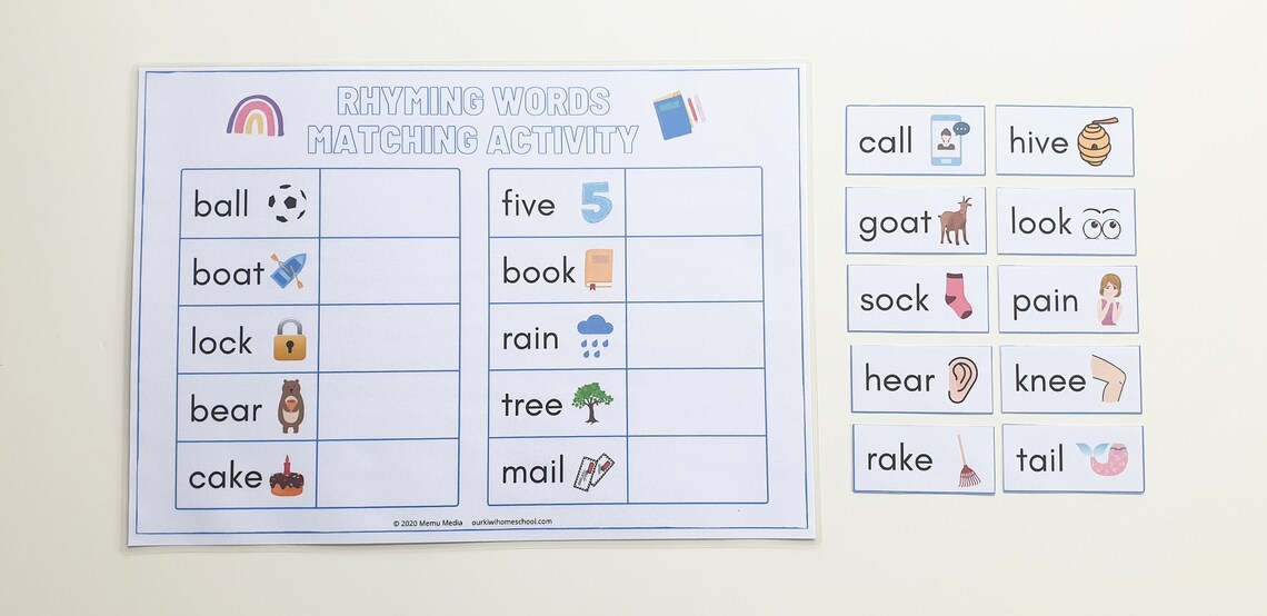 Rhyming Words Matching Activity | Kindergarten Matching Game ...