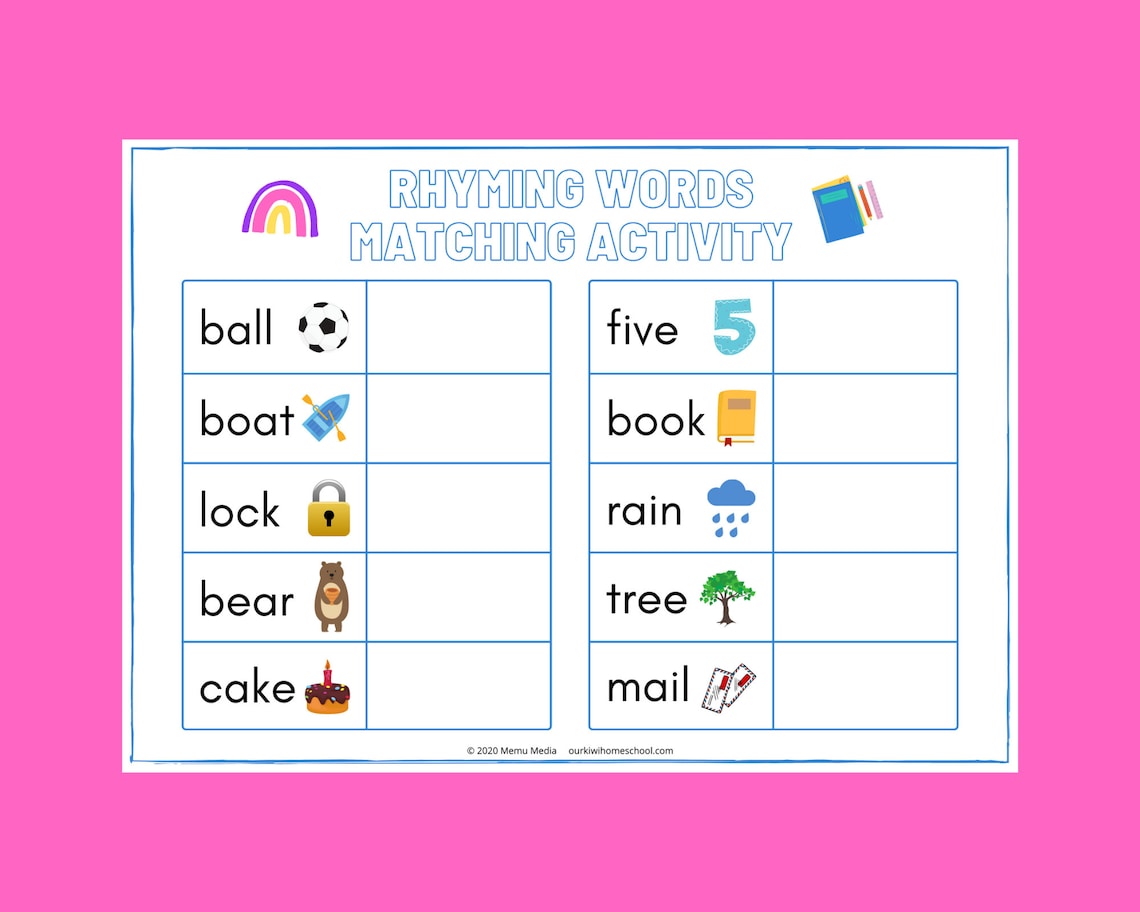 Rhyming Words Matching Activity | Kindergarten Matching Game ...