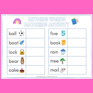 Rhyming Words Matching Game | Preschool Kindergarten Activity (PDF ...