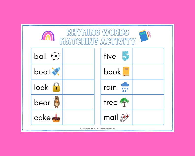 Rhyming Words Matching Activity | Kindergarten Matching Game ...