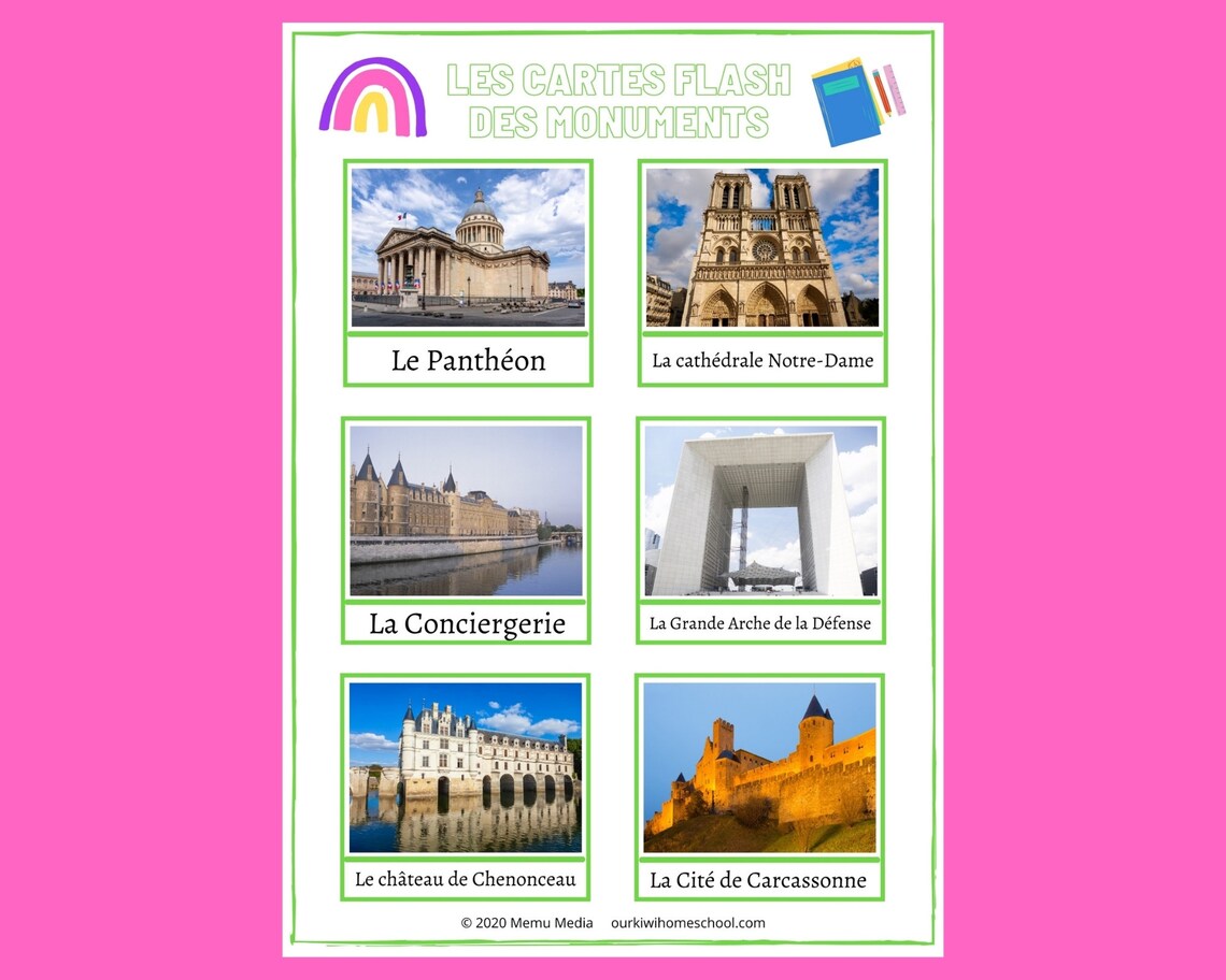 French Monument Flash Cards | Beginner French | French for Kids - Etsy