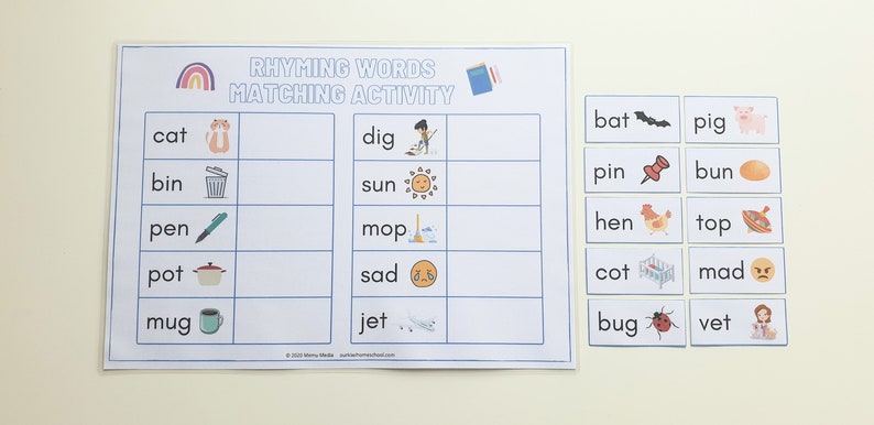 Rhyming Words Matching Activity | Kindergarten Matching Game ...