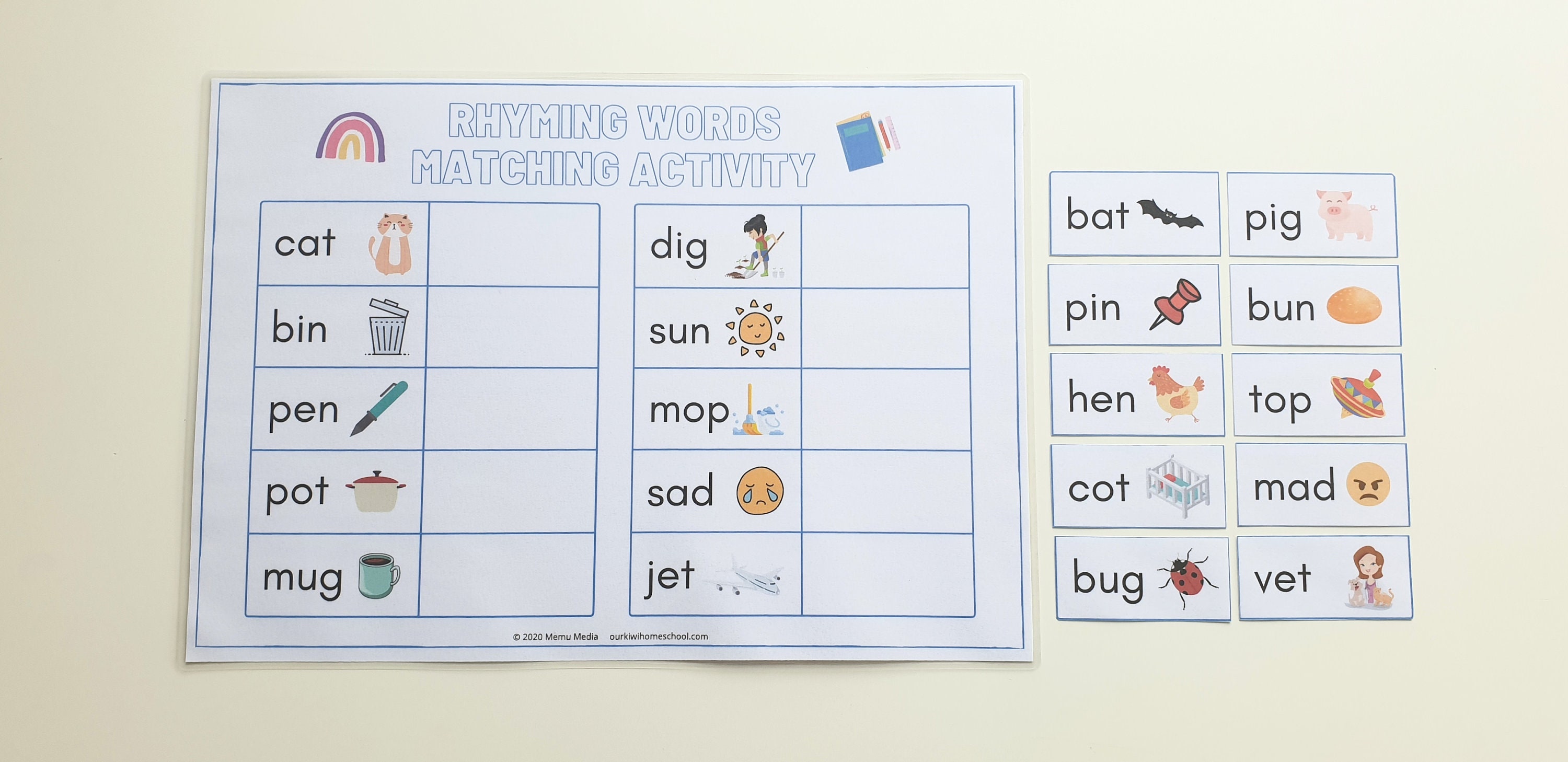 Rhyming Words Matching Game | Preschool Kindergarten Activity (PDF ...