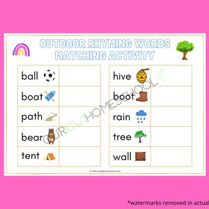Rhyming Words Matching Activity | Outdoor Themed Sorting Printable ...