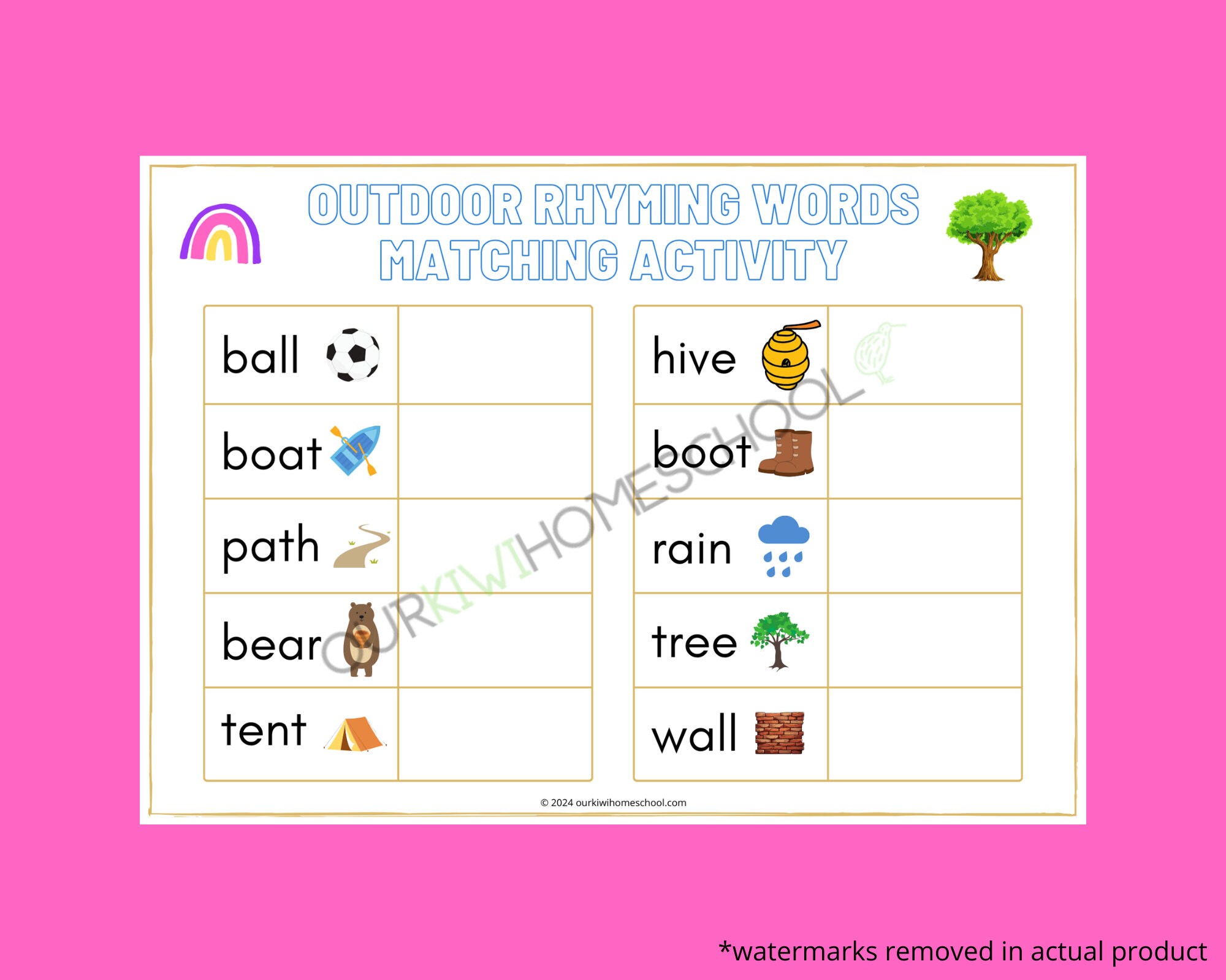 Rhyming Words Matching Activity | Outdoor Themed Sorting Printable ...