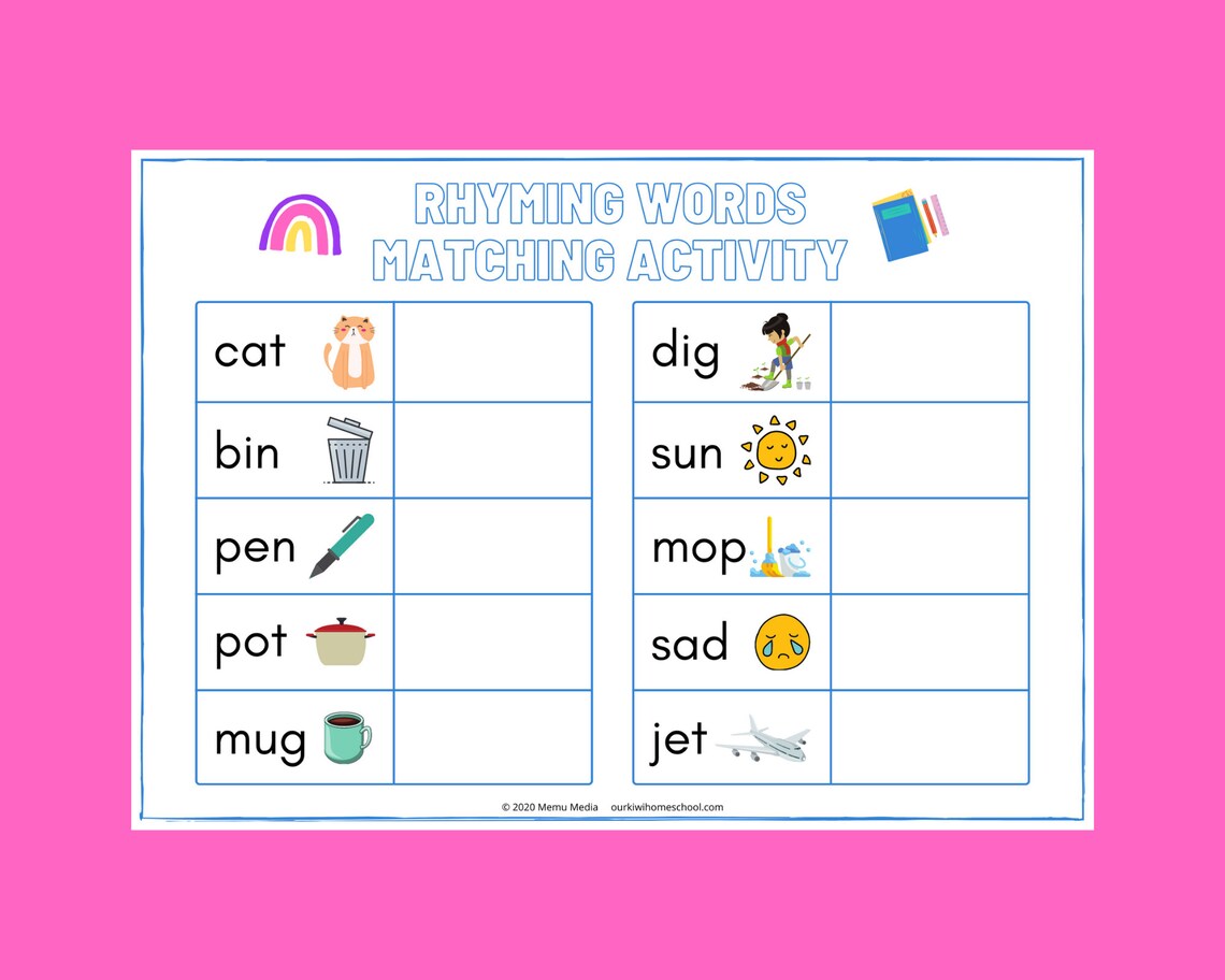 Rhyming Words Matching Activity | Kindergarten Matching Game ...