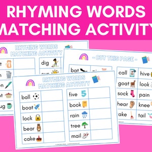 Rhyming Words Matching Activity | Kindergarten Matching Game ...