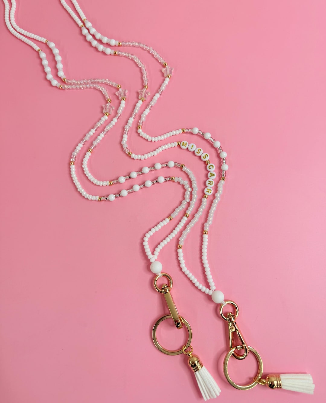 White Seed Bead Teacher Lanyard, ID Badge Holder, Back to School Gift ...