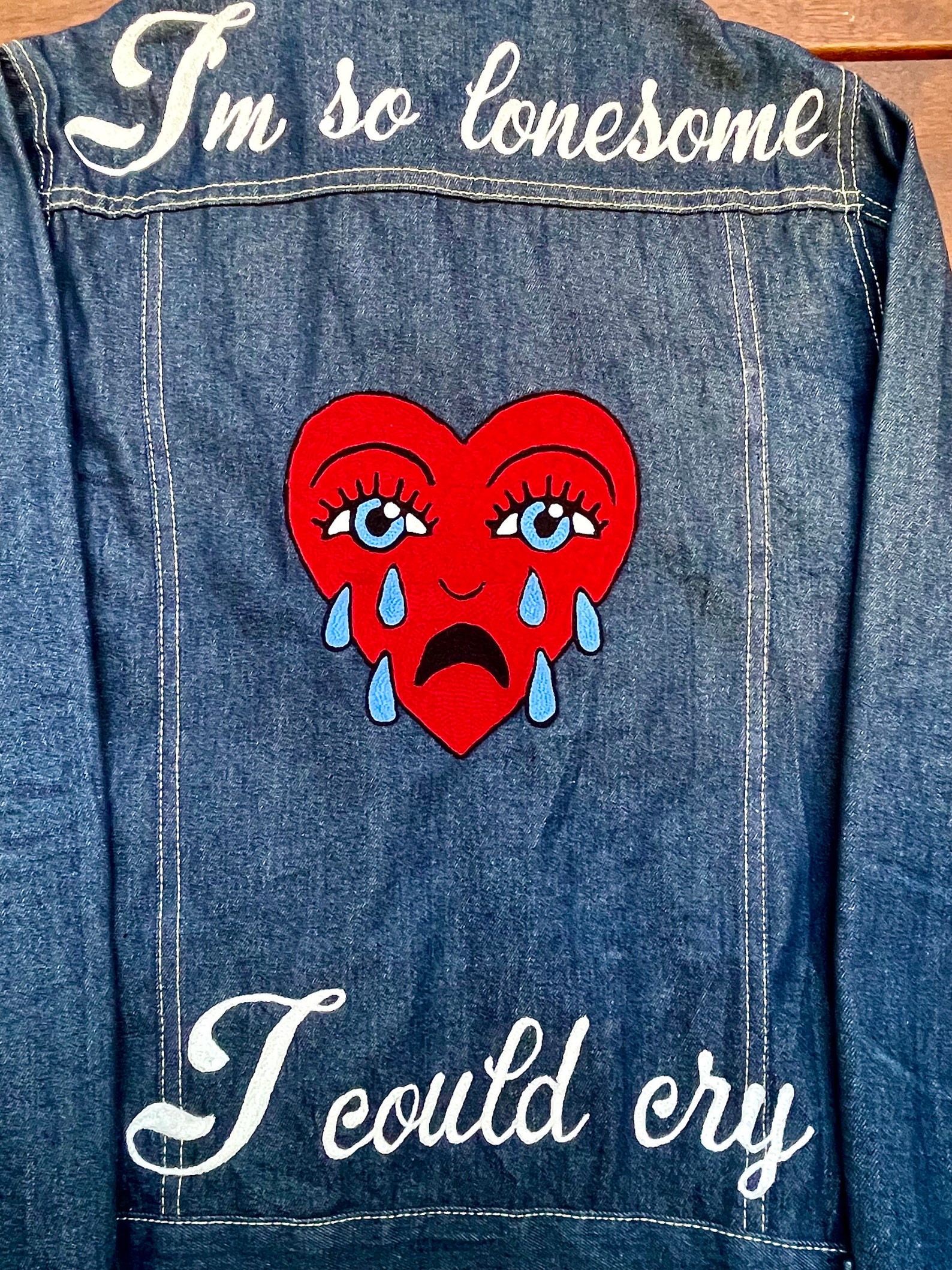 Lonesome Denim Jean Jacket Chainstitch Embroidery Large - Etsy
