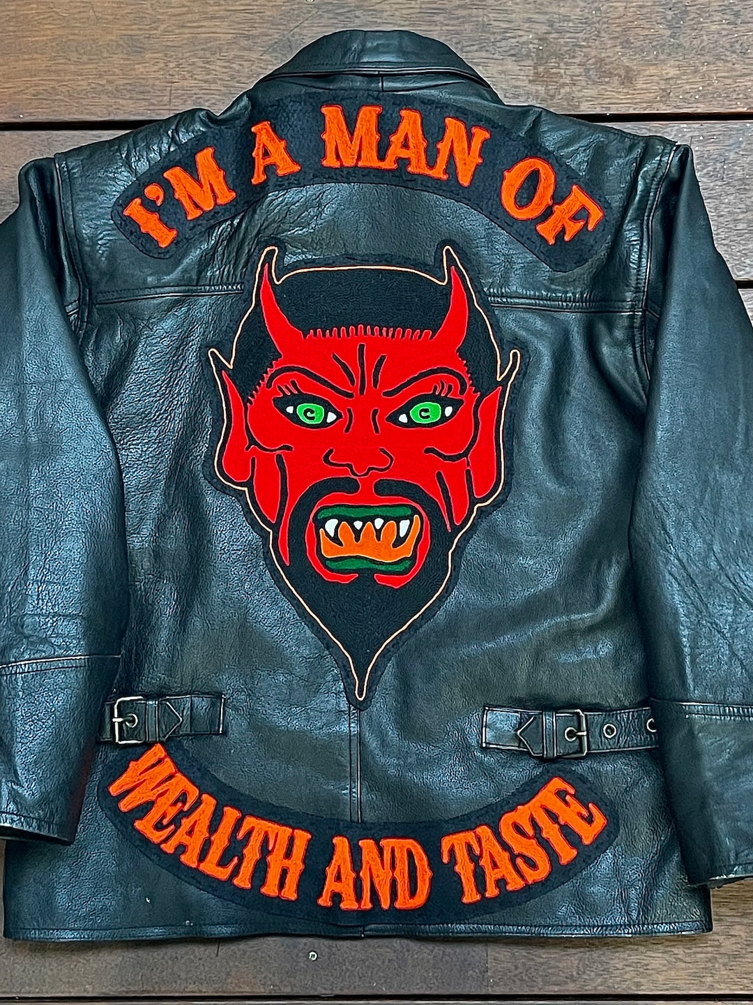 Leather Biker Jacket With Chainstitch Embroidered Patches Men’s Small ...