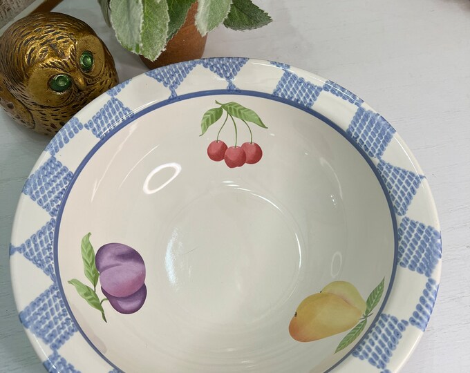 Vintage Pfaltzgraff Serving Bowl Hopscotch Fruit Pattern/blue Checkered Bowl/country Chic ...