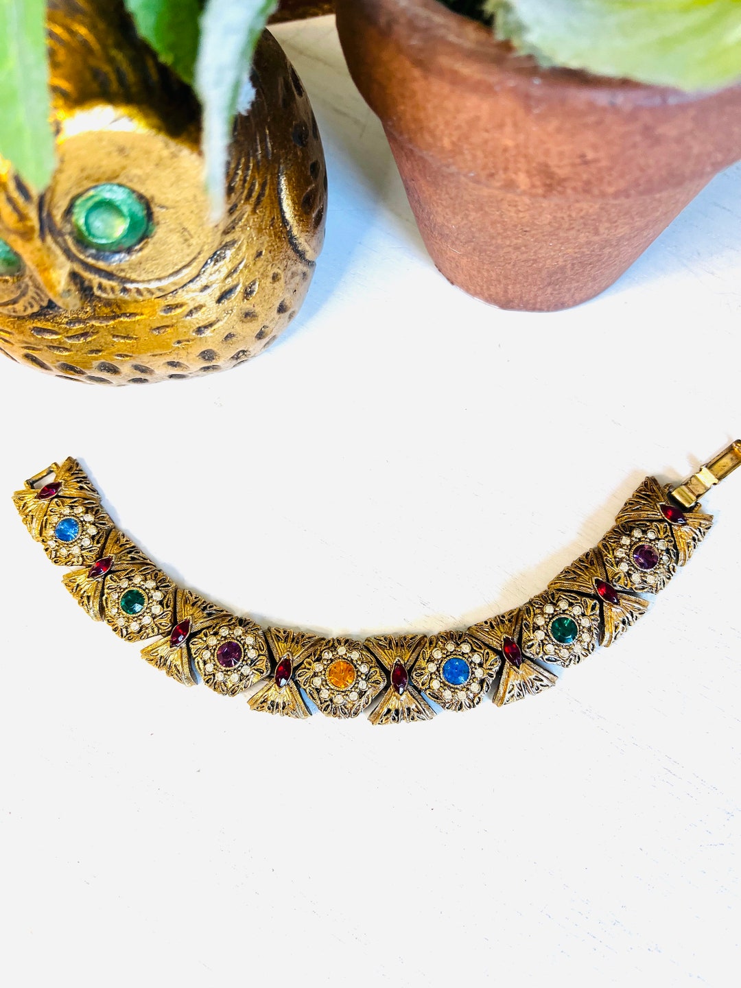 Vintage 1950s Multi Colored Jeweled and Goldtone Link Bracelet/mcm ...