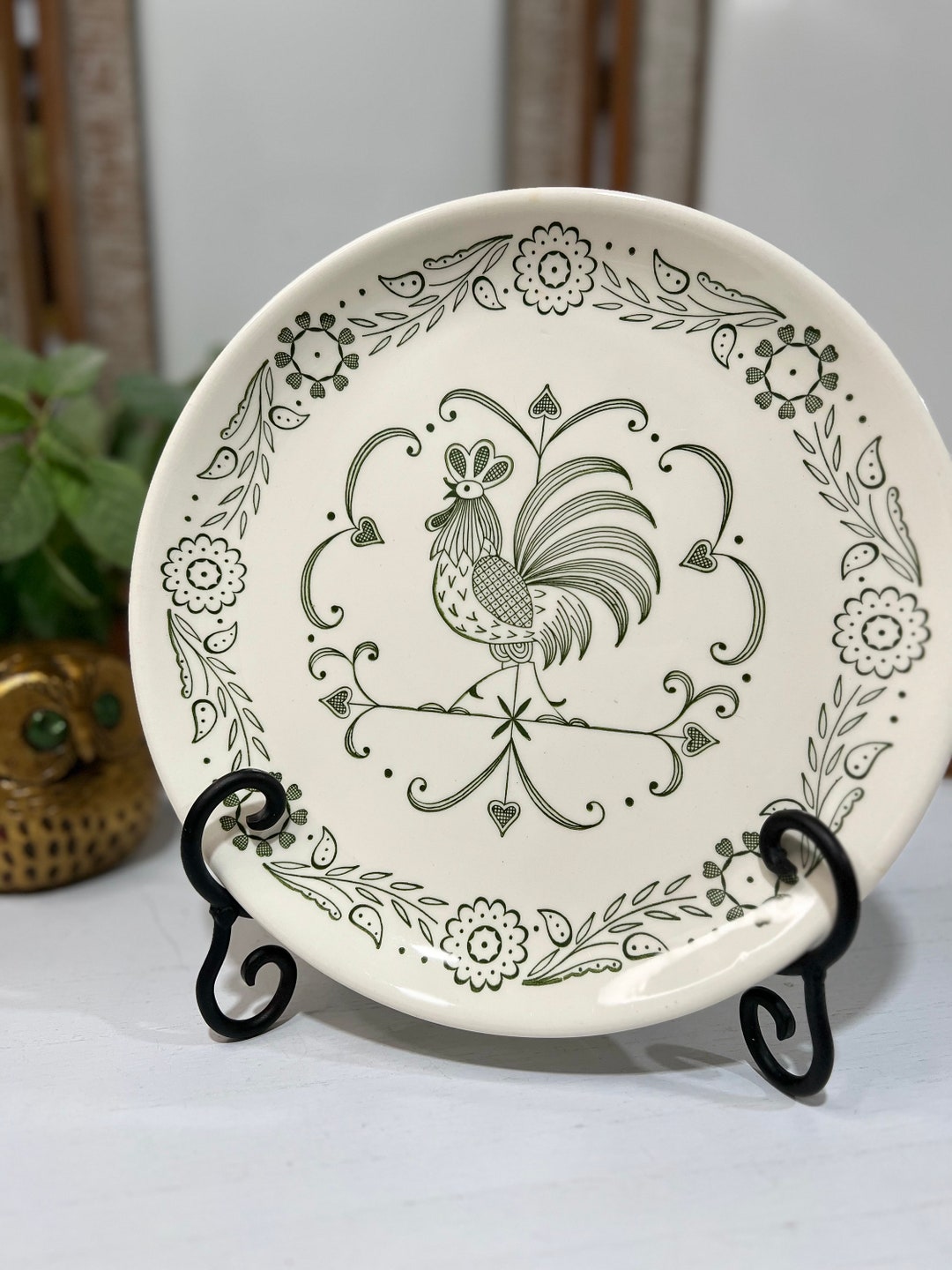 Vintage Rooster Display Plate/green/white Collectible Plate/farmhouse ...