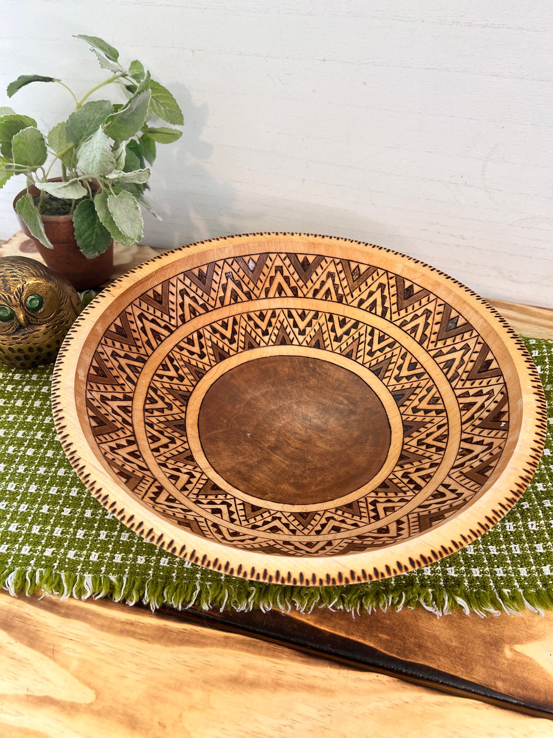 Vintage Pyrography Hand Carved/etched Two Toned Wooden Bowl/signed ...