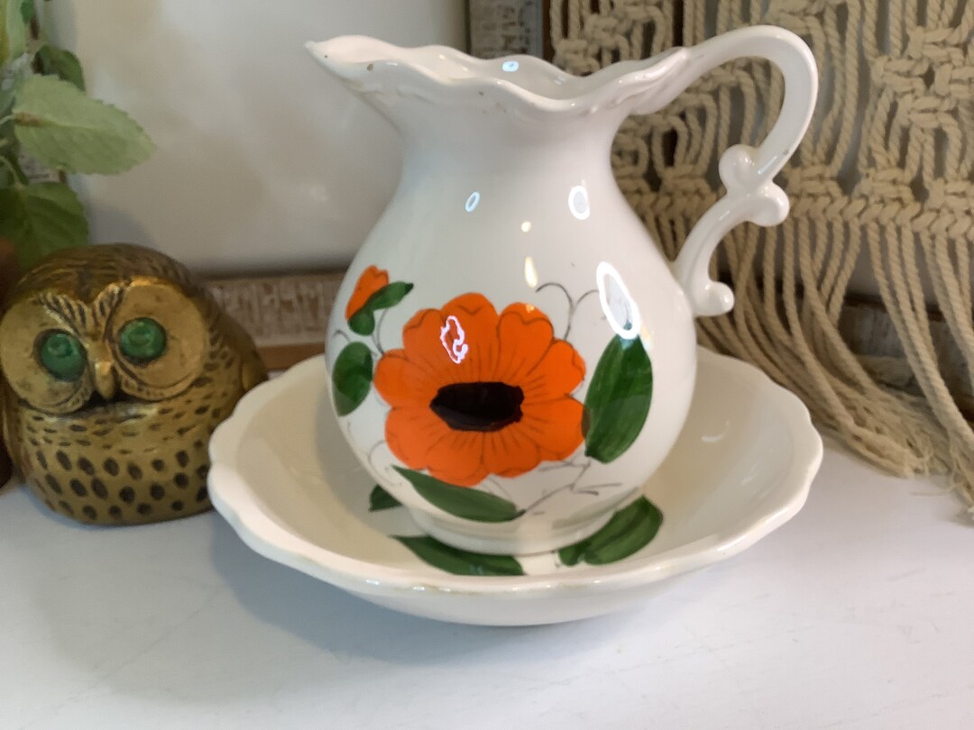 Vintage Made in Japan Ceramic Pitcher Bowl Set/hand Painted/orange ...
