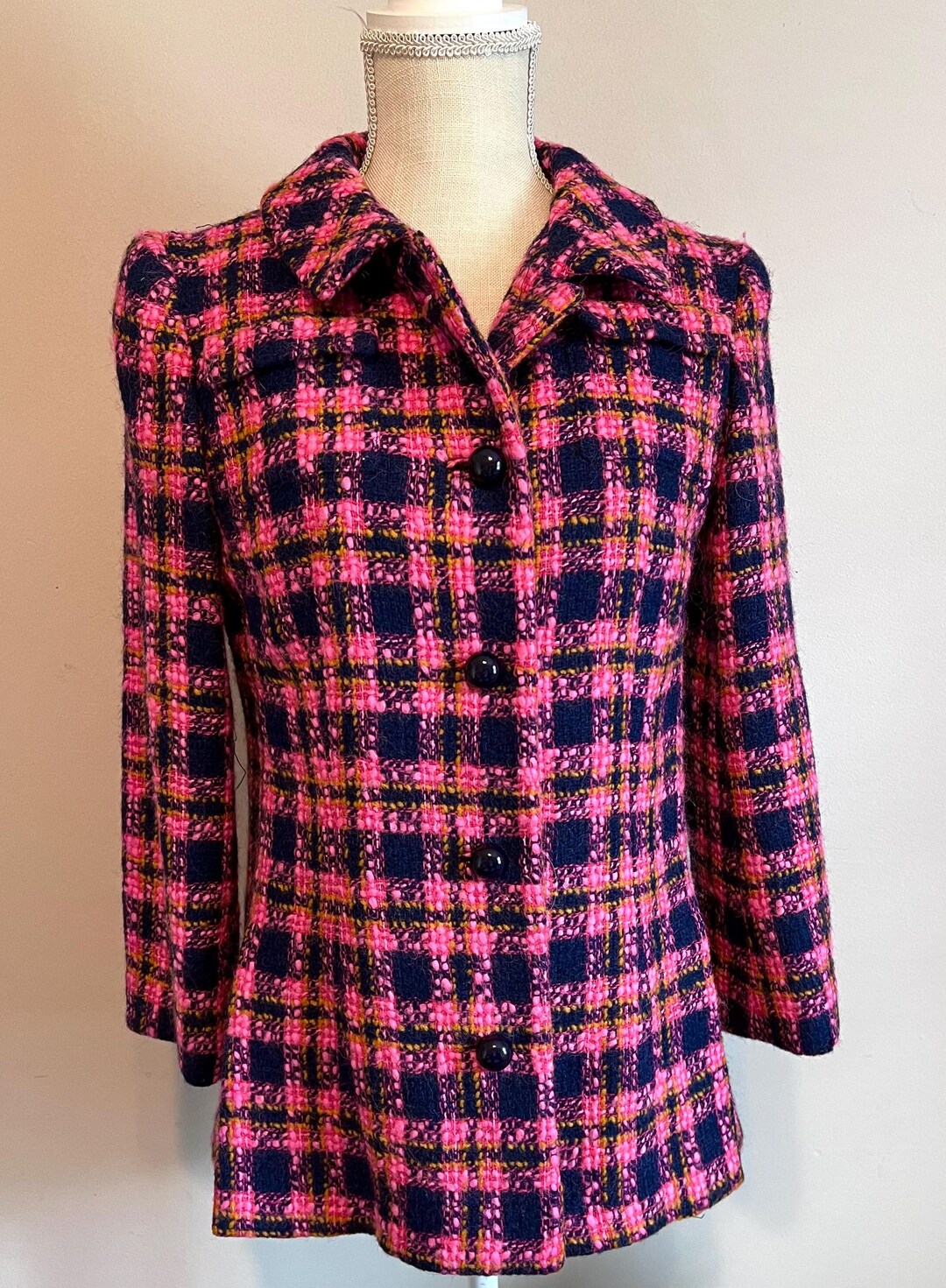 1960s Davidow Wool Bouclé Jacket, Pink Navy Checkered, Bracelet Sleeve ...