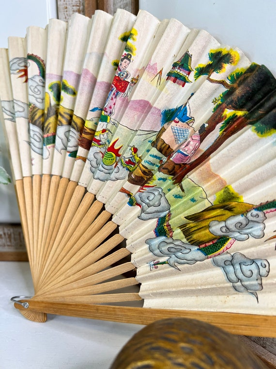 Vintage Asian/Geisha Paper Hand Fan/Set of 2 Floral B… - Gem