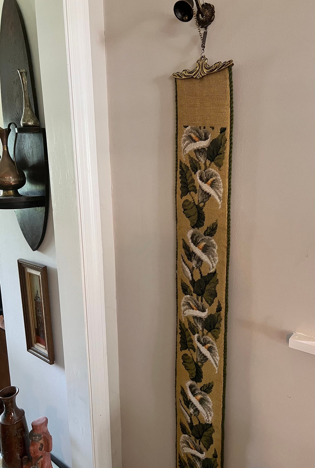 Vintage Needlepoint/tapestry With Brass Hardware Bell Pull/butlers Pull ...