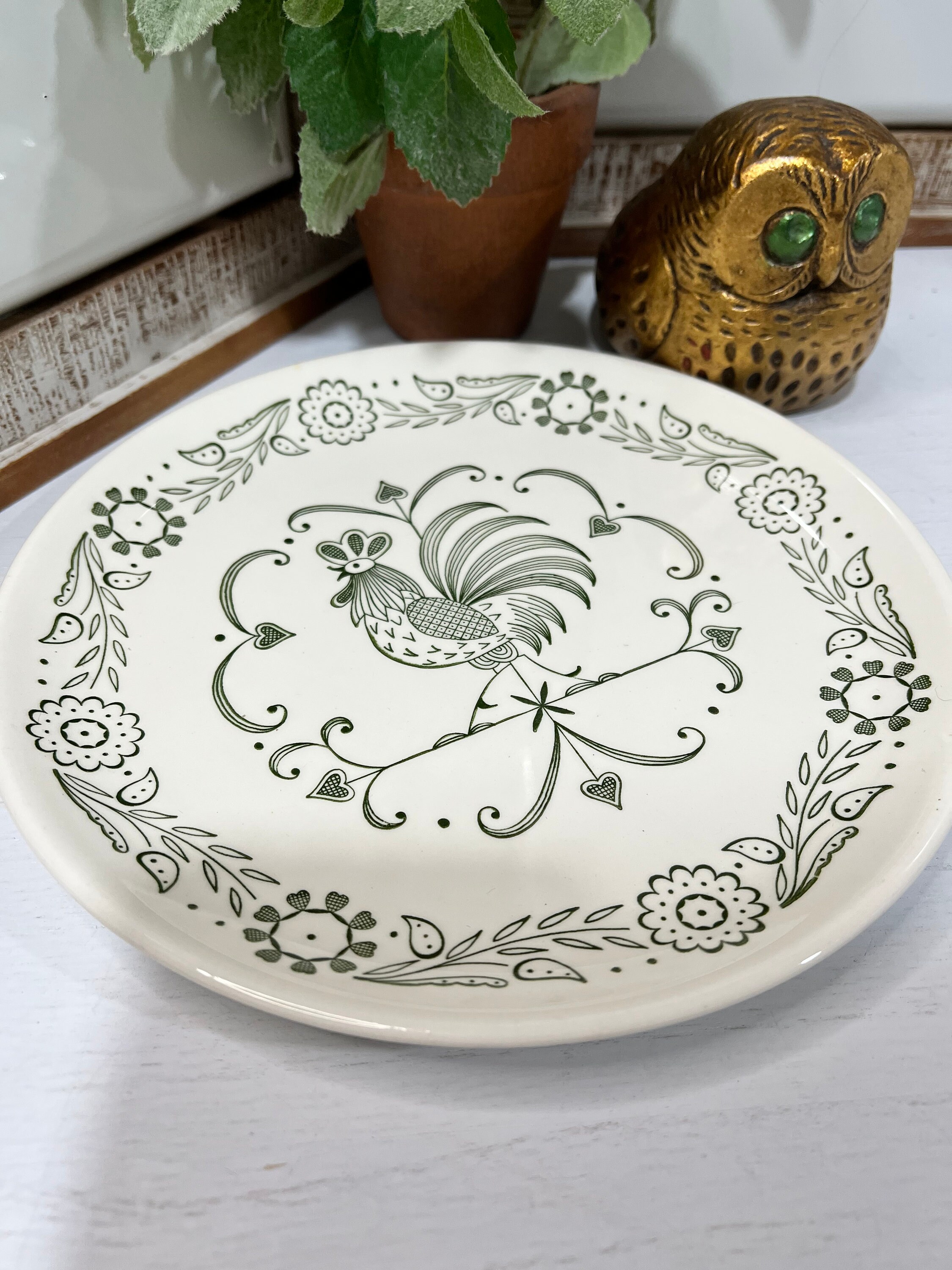 Vintage Rooster Display Plate/green/white Collectible - Etsy