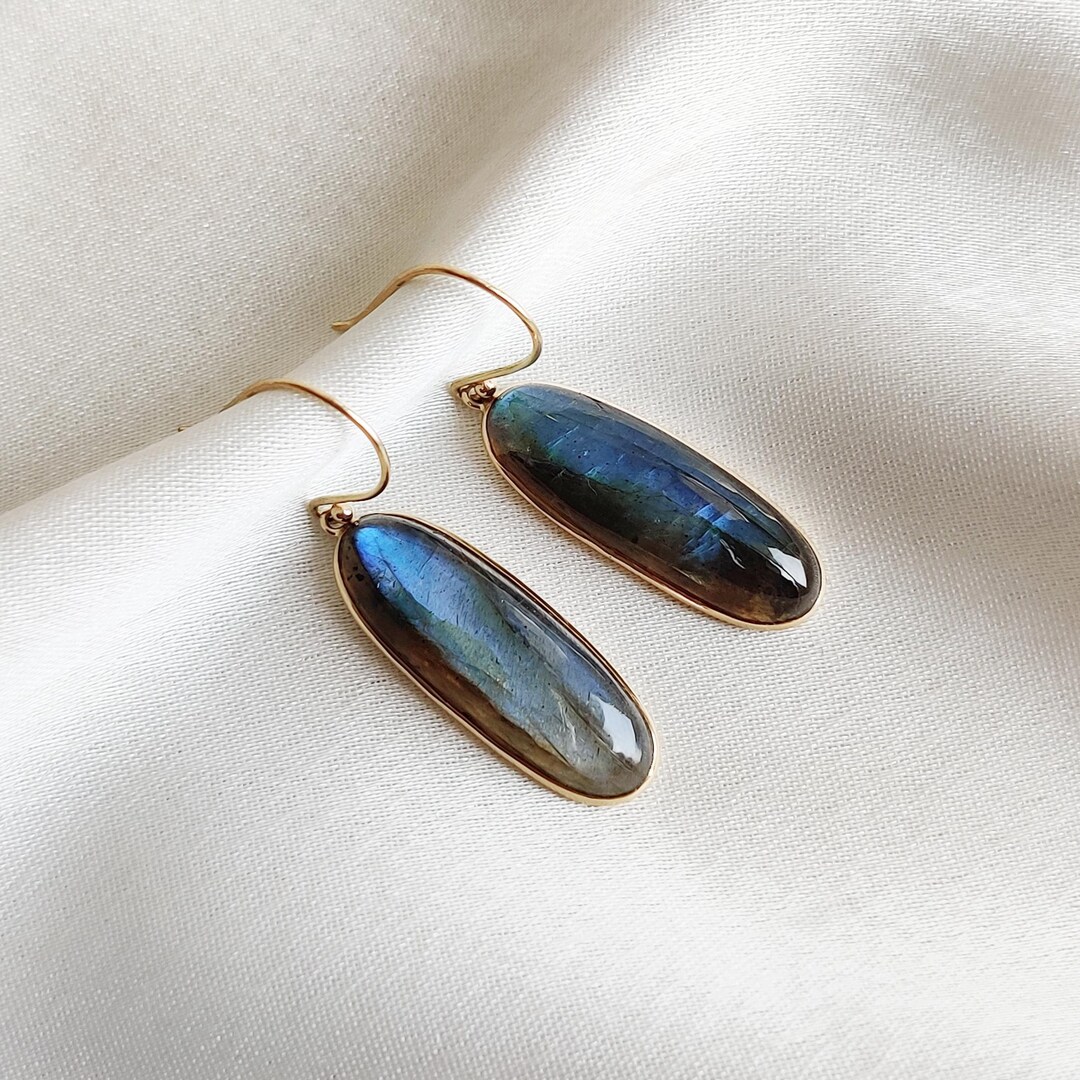 Natural Blue Labradorite Earrings, 14K Solid Yellow Gold Labradorite ...