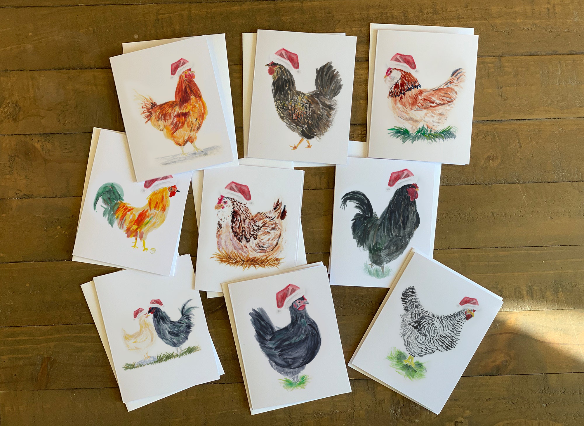 Santa Hat Chicken Christmas Cards: Watercolor Art Prints, Classic Set ...