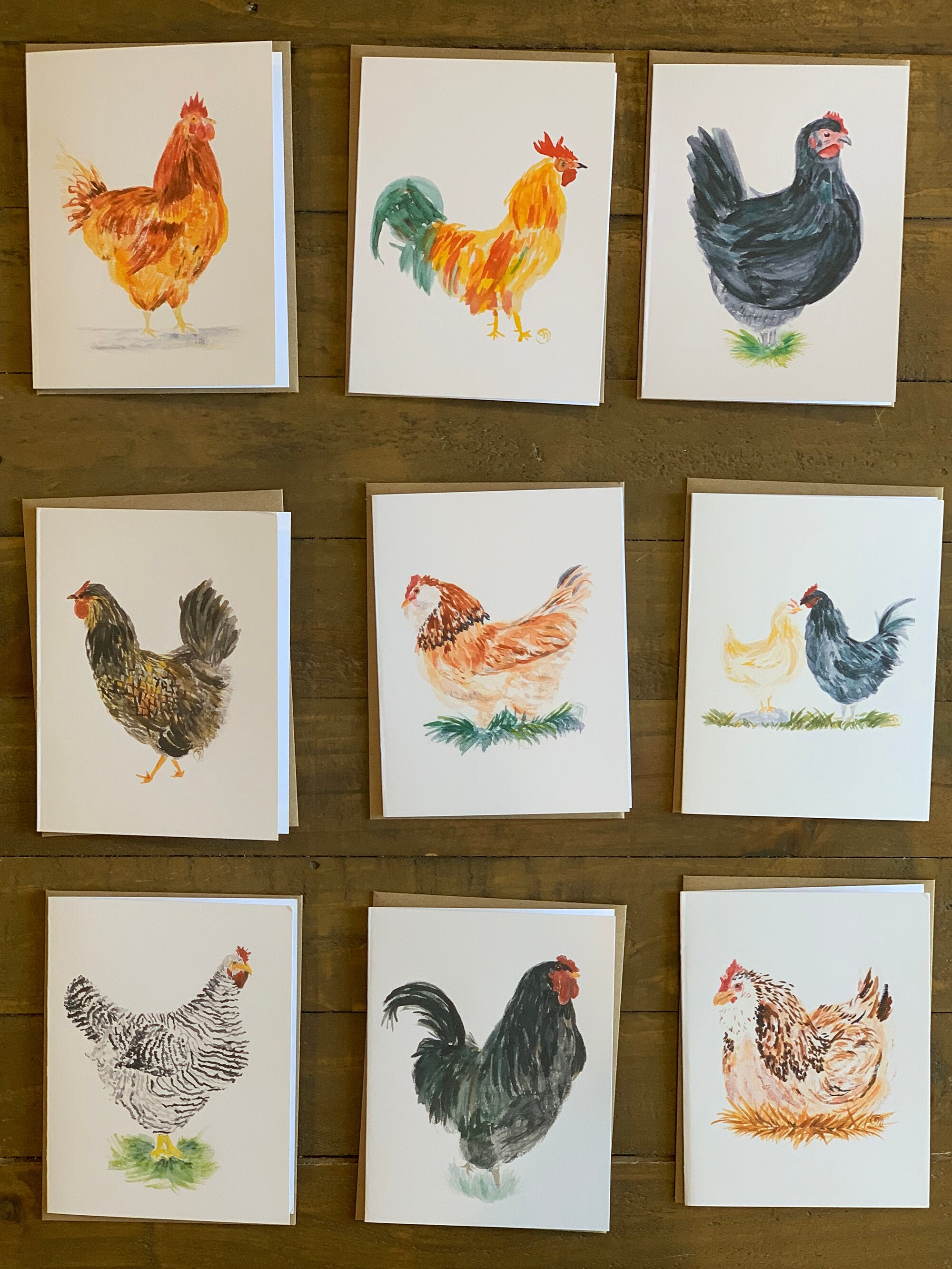 Chicken Variety Pack Blank Note Cards Watercolor Set of 9 | Etsy