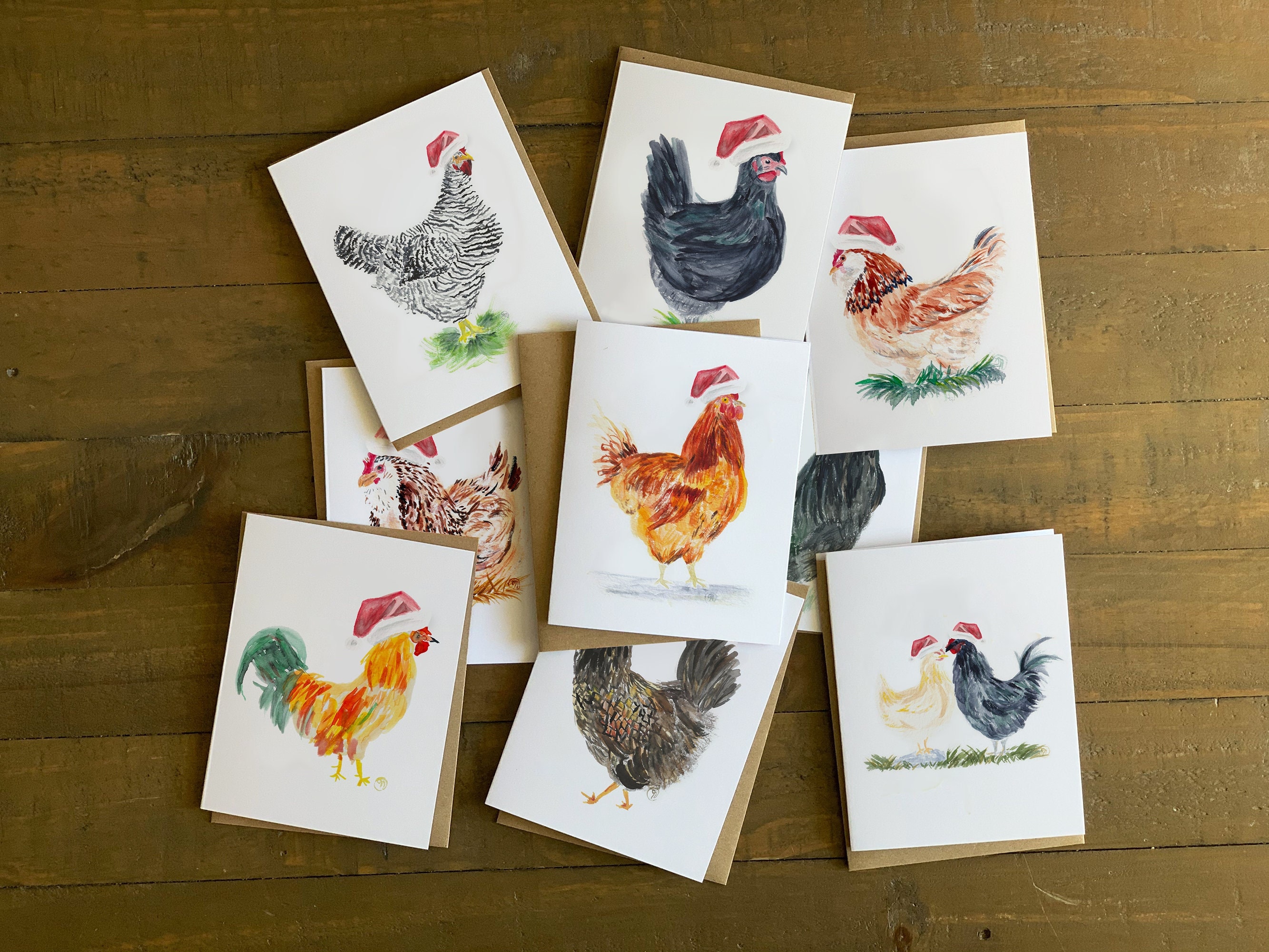 Santa Hat Chicken Christmas Cards Watercolor Set of 9 Barred Rock ...