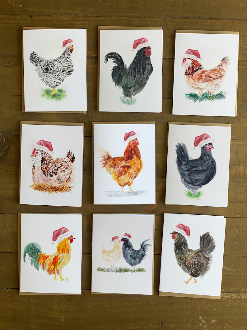 Santa Hat Chicken Christmas Cards Watercolor Set of 9 Barred Rock ...