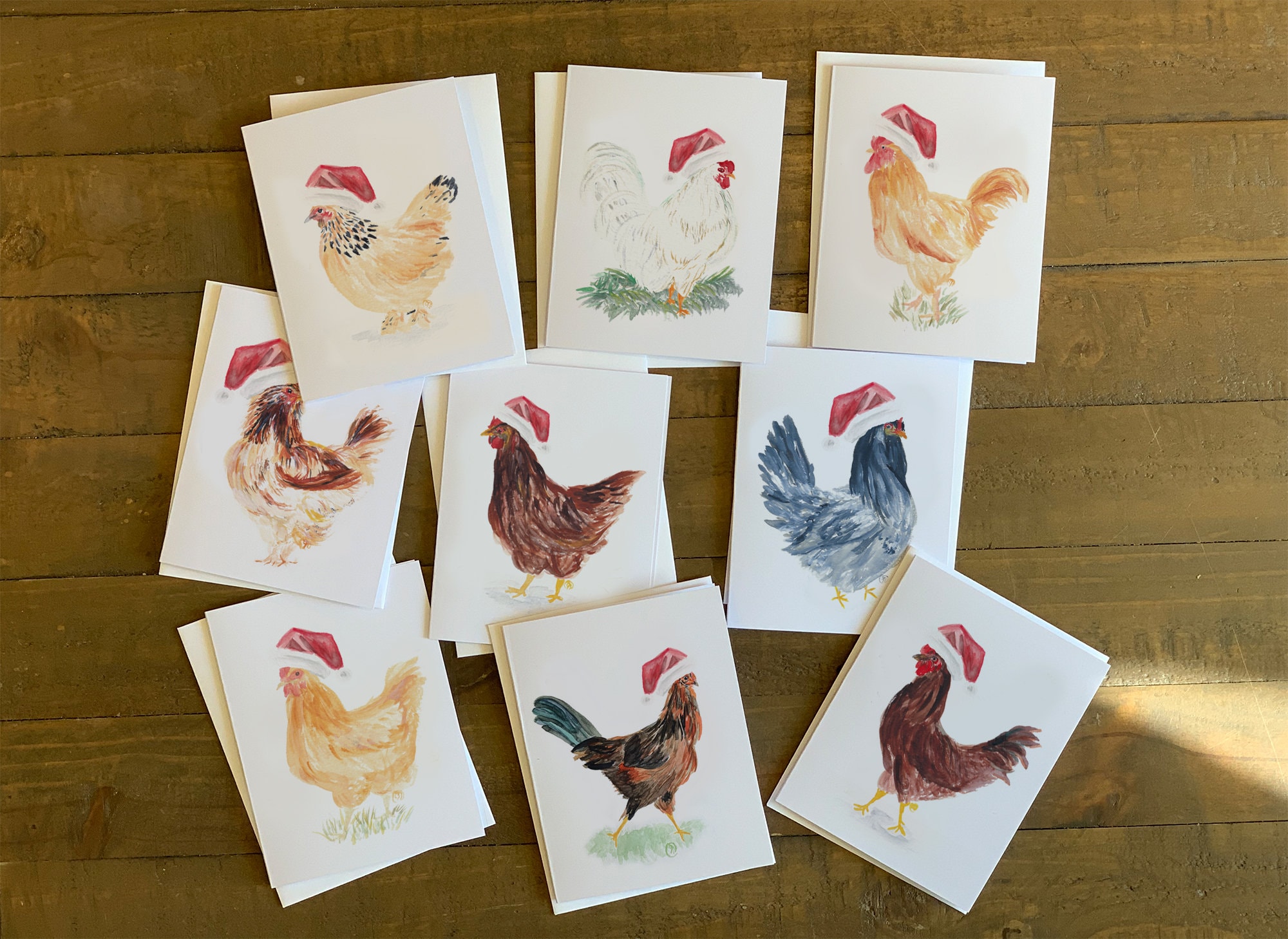 Santa Hat Heritage Chicken Christmas Cards- Original Watercolor Set of ...