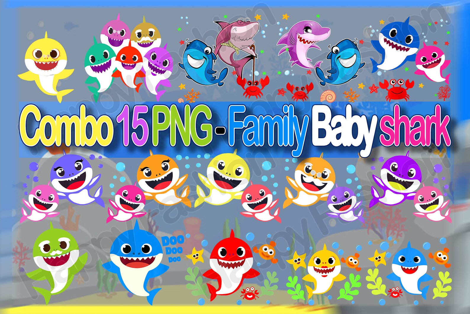 Combo 15 FAMILY SHARK PNG baby shark png daddy shark momy | Etsy