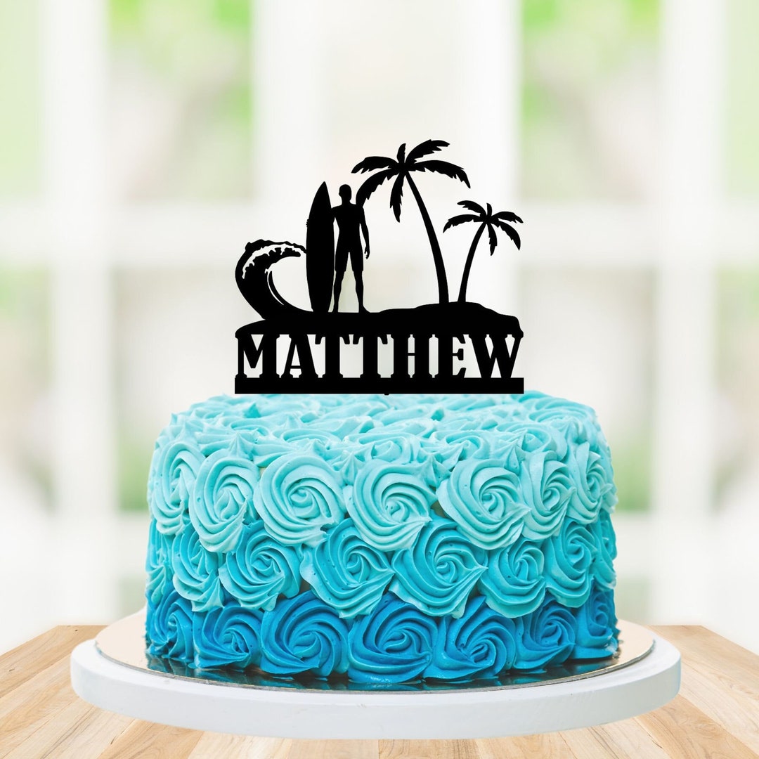 Surfer Cake Topper, Birthday Cake, Surfing, Palm Trees, Beach Theme ...