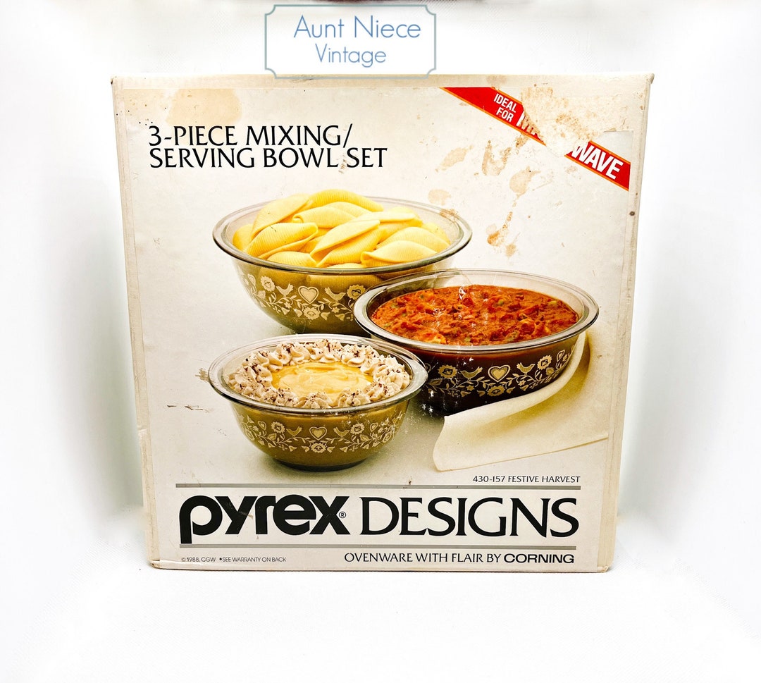 Vintage Pyrex NEVER OPENED Box 3pc Mixing Bowls Festive Harvest Flowers ...