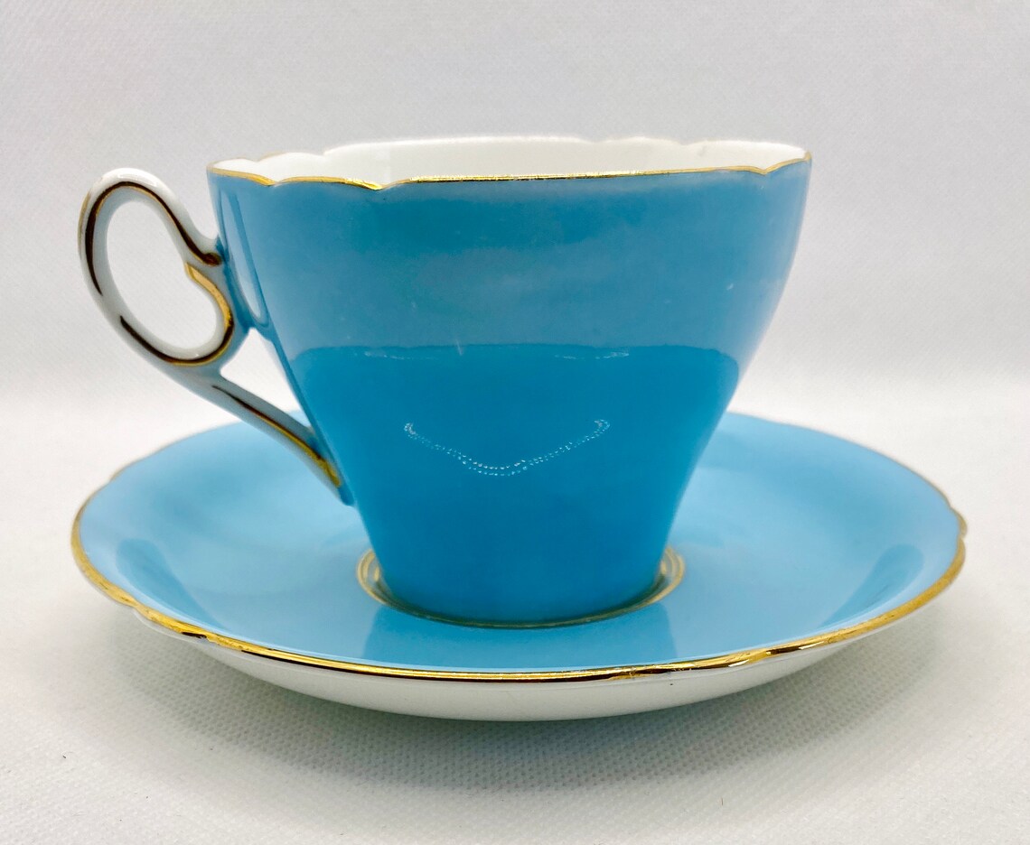 Vintage Shelley Bone China Teacup and Saucer: Turquoise Blue Cambridge ...