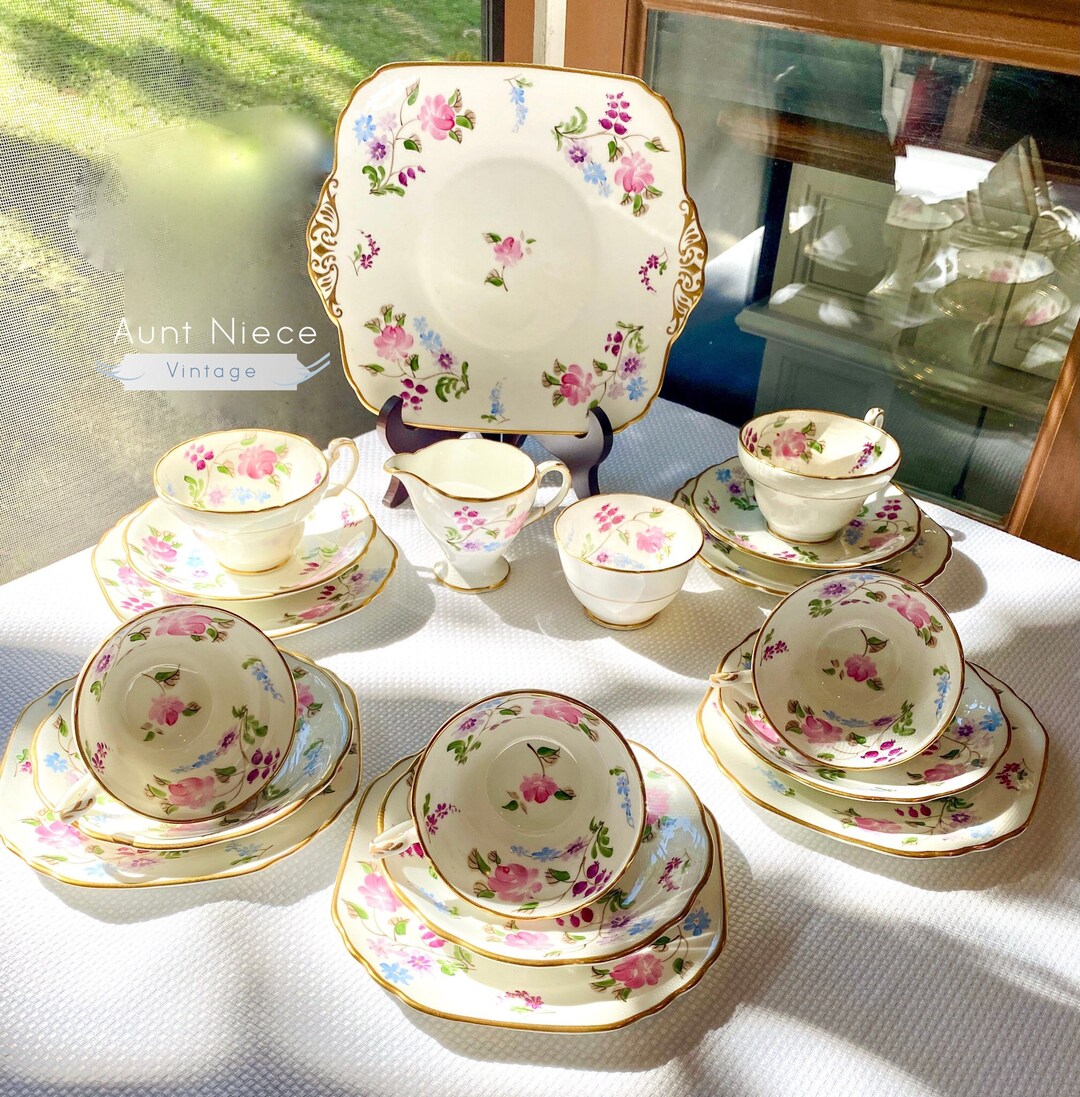 1930s 18-piece Vintage Tea Set EB Foley Bone China Hand-painted Blue ...