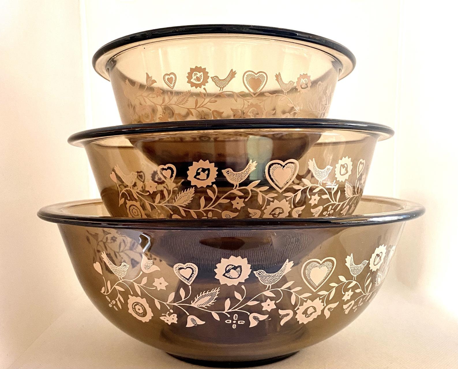 Full Set Pyrex Festive Harvest Flowers Hearts Birds in amber SCRATCHY
