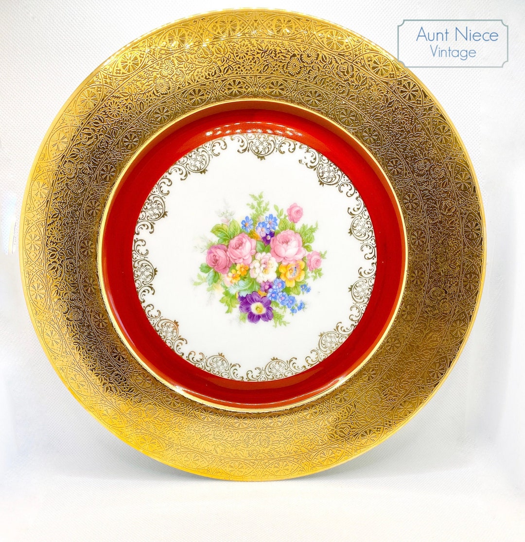 Vintage Royal-crown LBC Heavy Gold Rimmed Red and Floral 11'' Plate ...