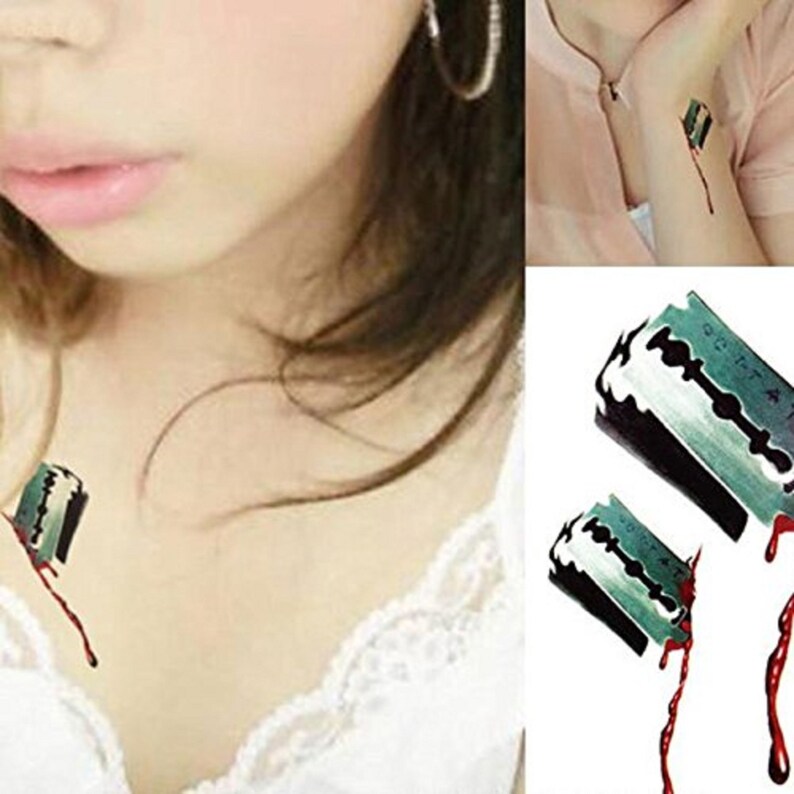 2 PC Blood Razor Blade Scar Tattoos Wound Temporary Tattoos - Etsy