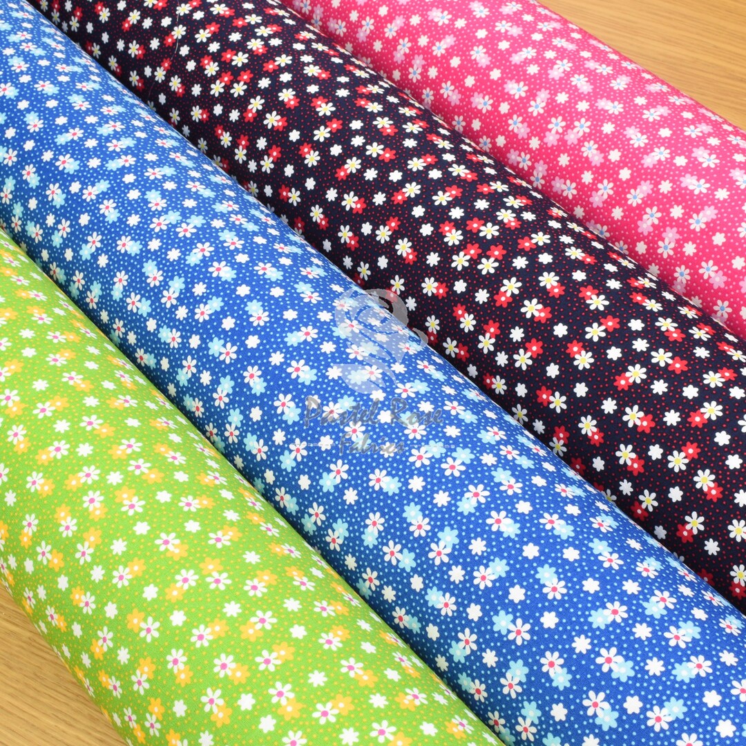 Summer Daisy Print in Yellow, Lime, Sky, Pink, Lilac, Navy 100% Cotton ...