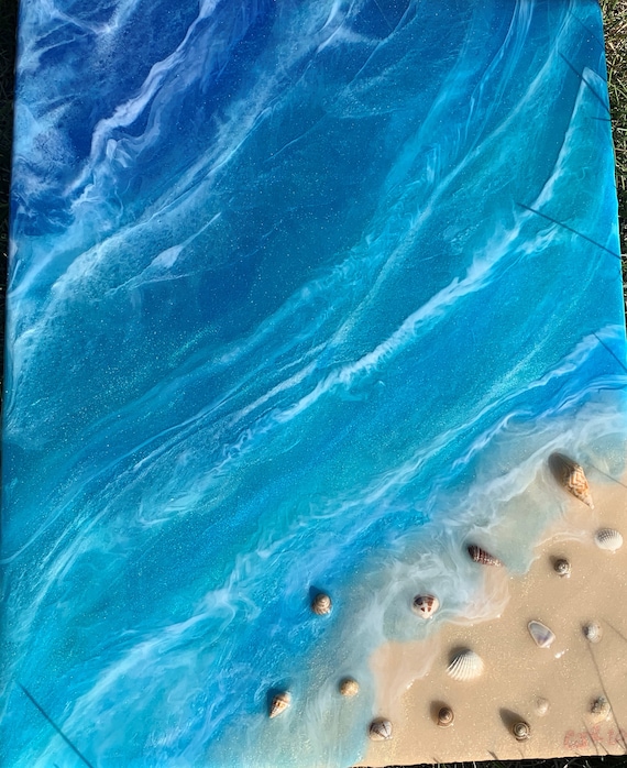 Sparkling Wavy Beach Epoxy Resin Art Blue Ocean Art Beach - Etsy