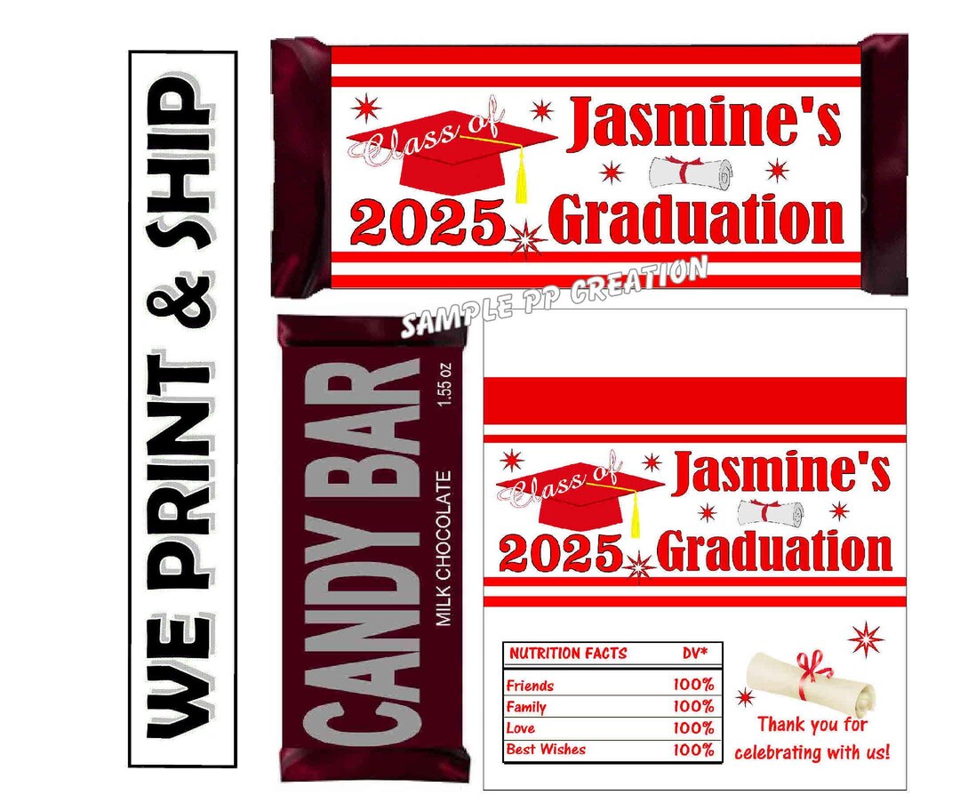 RED AND WHITE Graduation Party Favors Chocolate Bar Candy Bar Wrappers ...