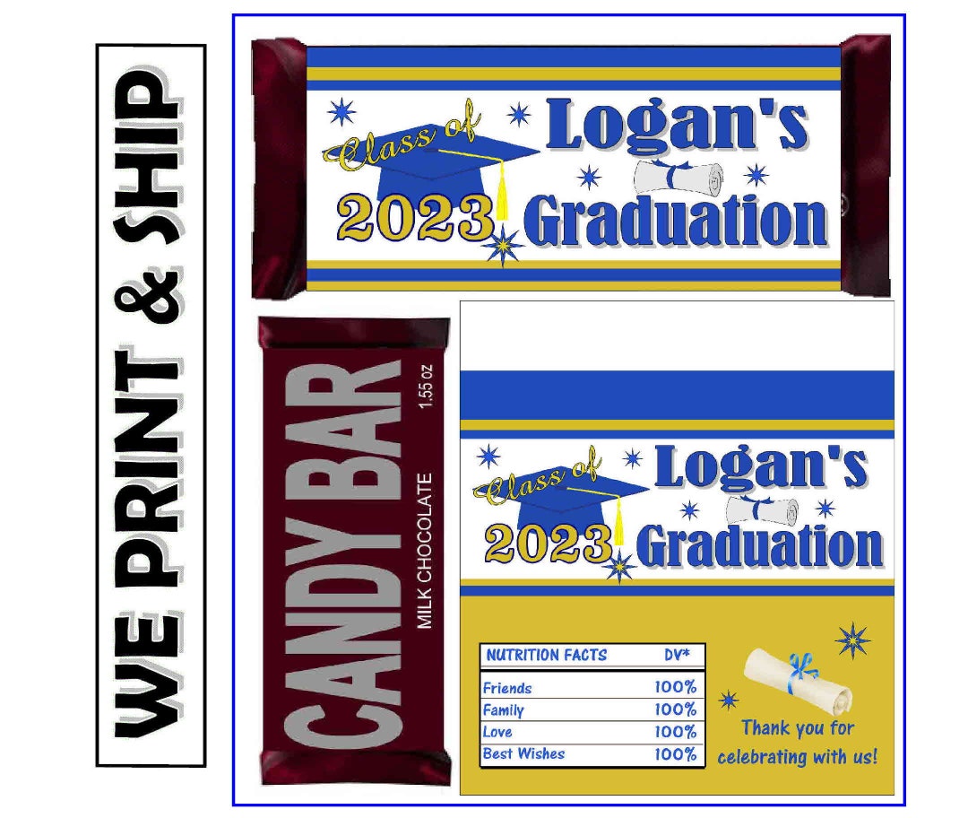 BLUE AND GOLD Graduation Party Favors Chocolate Bar Candy Bar Wrappers ...